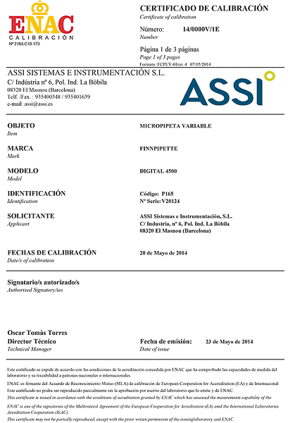 Calibration certificate for variable volume micropipettes - Blanc-Labo SA